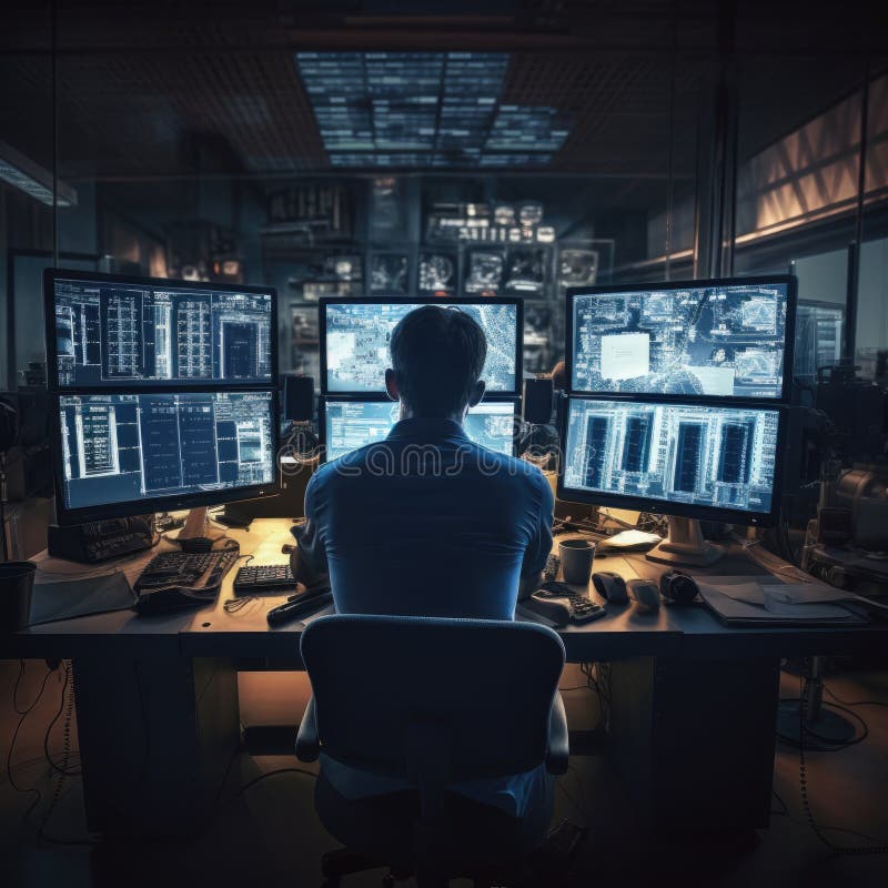 Man Sitting Working On System Development Programmer In Office Stock