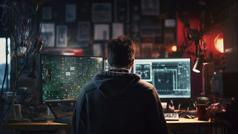 Man Sitting Working on System Development Programmer in Office Stock ...