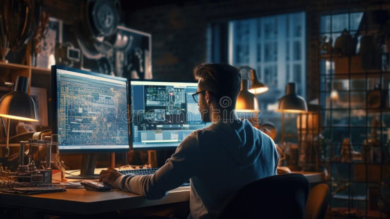 Man Sitting Working on System Development Programmer in Office Stock ...