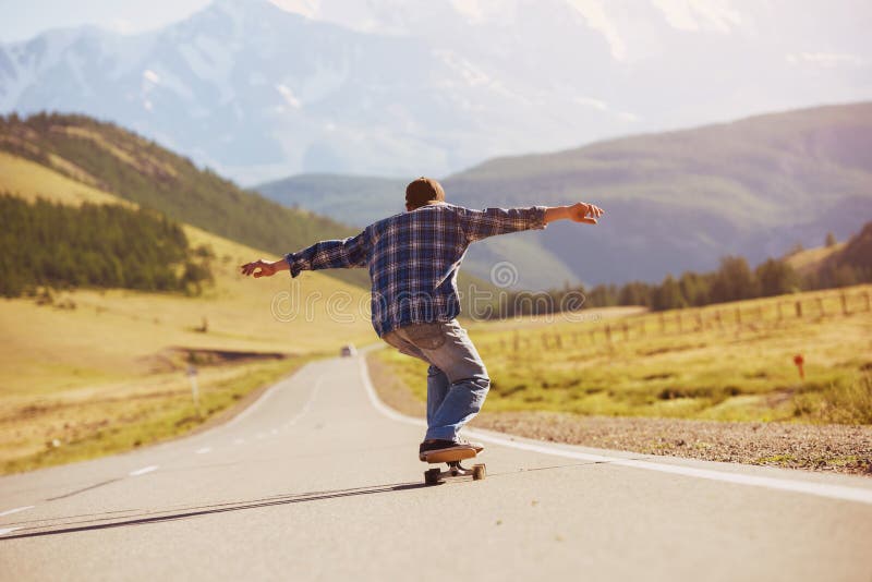 Man Skating Longboarding Straight Mountains Road Stock Photo - Image of ...