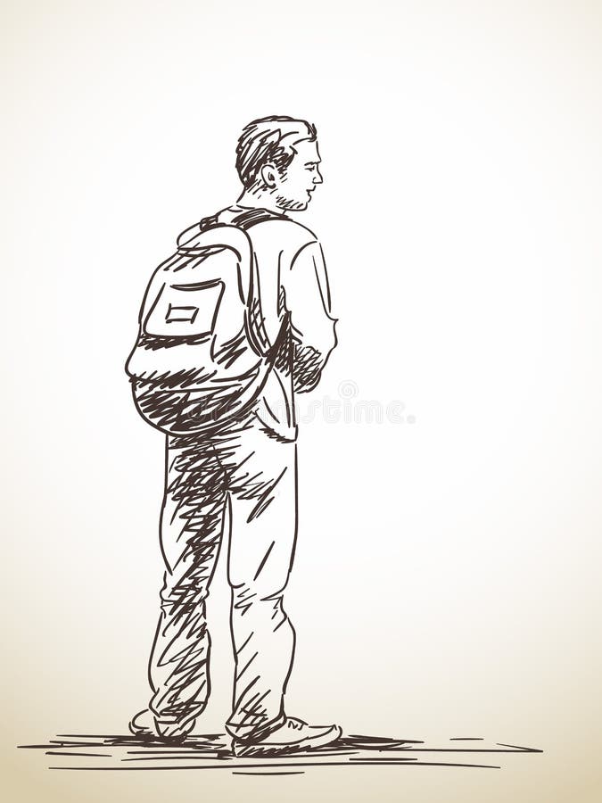 Sketch of Man with Backpack, Hand Drawn Stock Vector - Illustration of ...