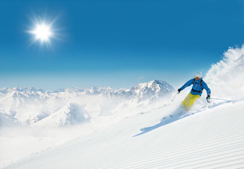Man skier running downhill stock image. Image of snow - 59260371