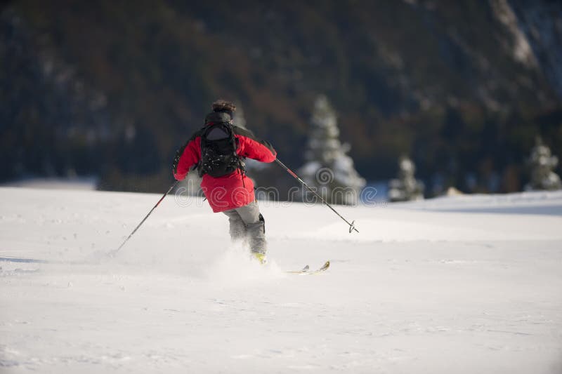Man Skiing Downhill, View from His Back Stock Photo - Image of adult ...