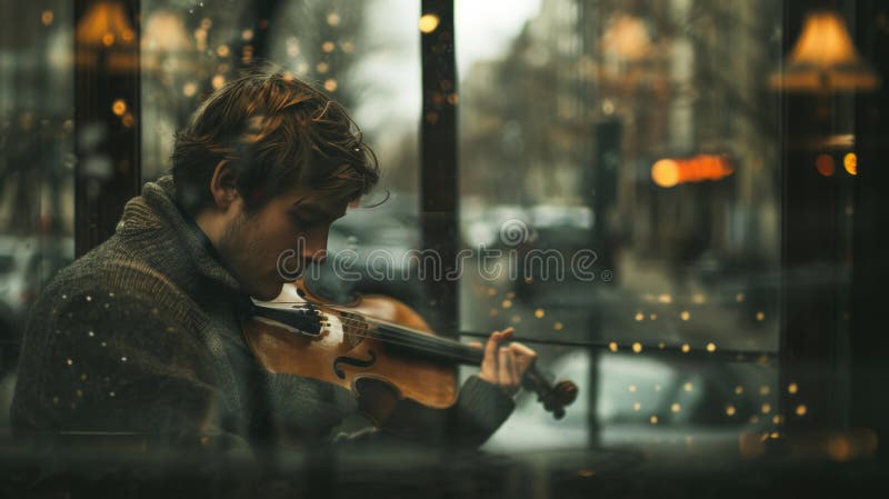 A Man is Skillfully Playing a Beautiful Violin in Front of a Window ...