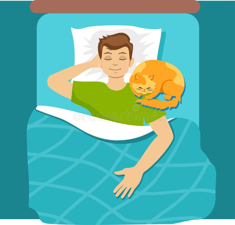 Man Sleeping in Bed with Cat. Guy Chilling at Home with Comfortable Cat ...