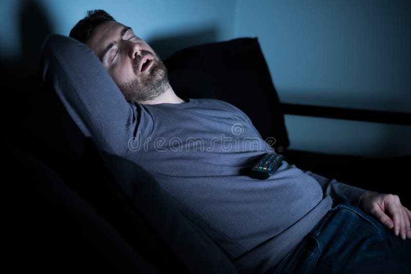 Bored Man Sleeping and Watching Tv at Night Stock Image - Image of ...
