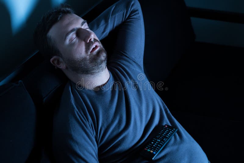 Bored Man Sleeping and Watching Tv at Night Stock Image - Image of ...