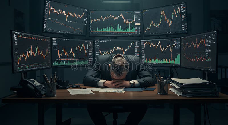 Man Sleeping at Desk with Multiple Computer Screens Displaying Charts ...