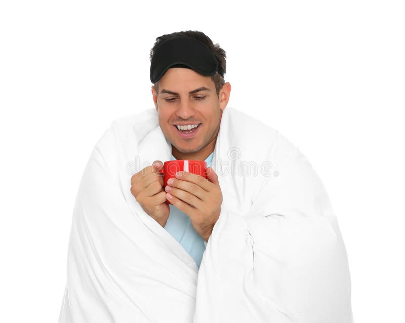 Man in Sleeping Mask Wrapped with Blanket Holding Cup on White ...
