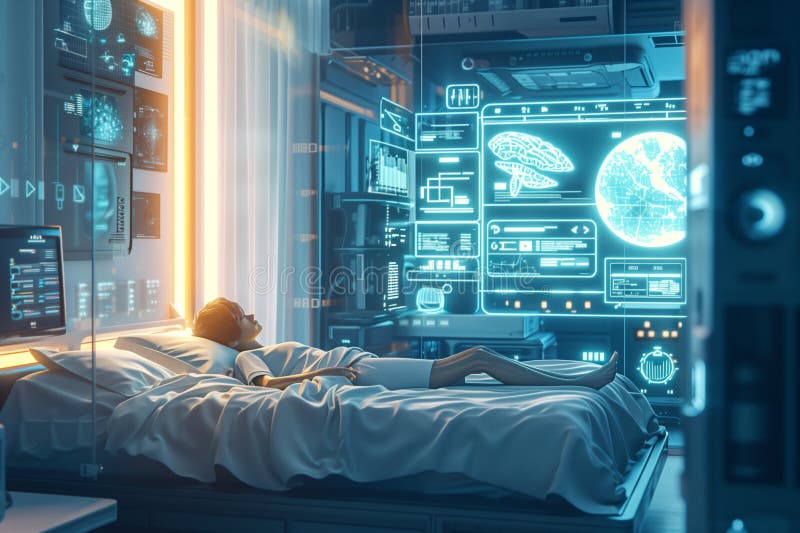 Man Sleeping in Smart Bedroom with Interactive Holographic Interior ...