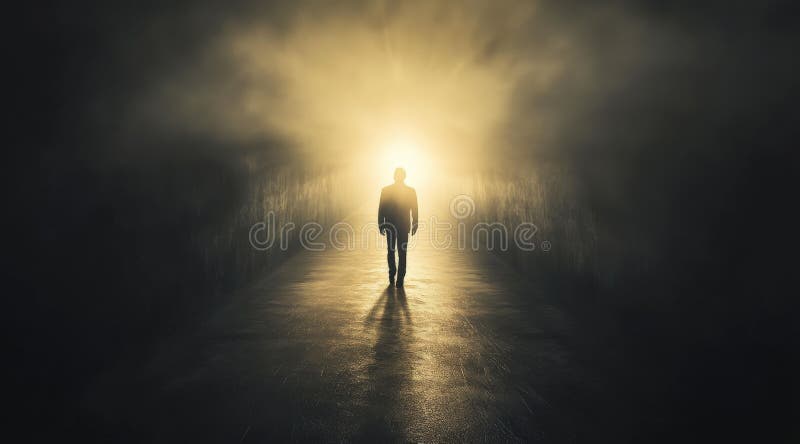 A Man is Slowly Walking through a Dark and Eerie Tunnel Towards a ...