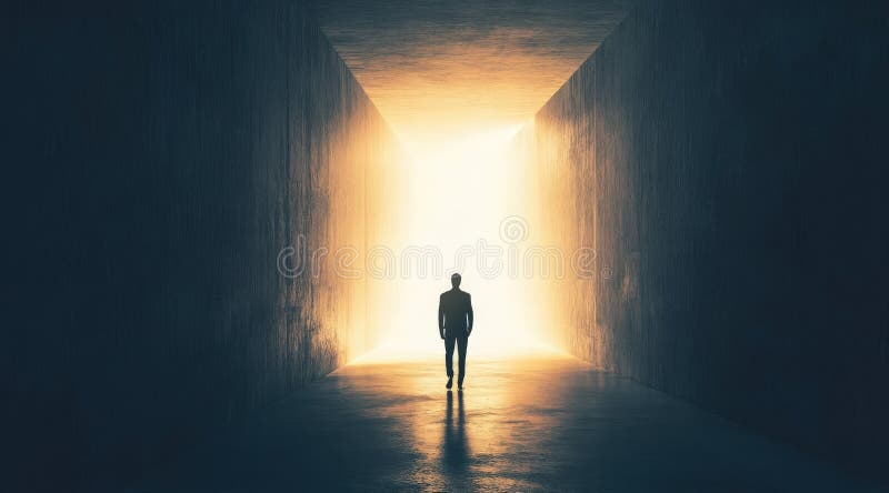 A Man is Slowly Walking through a Dark and Eerie Tunnel Towards a ...