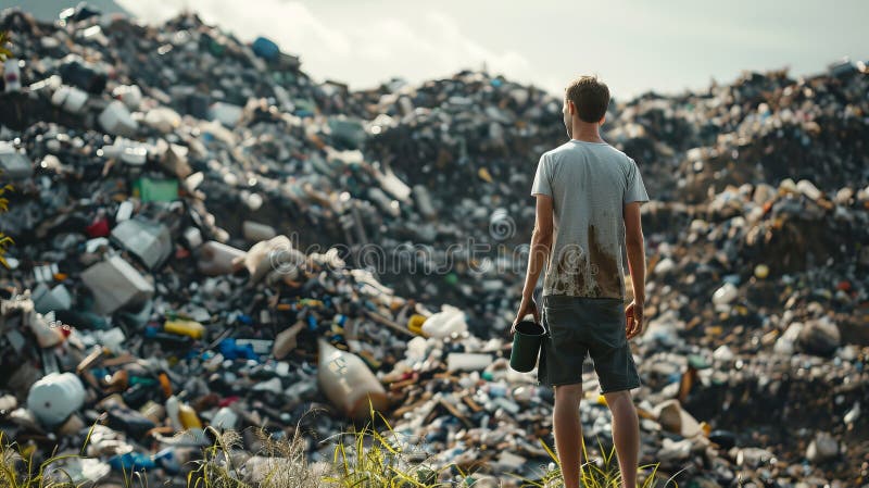 Man with Small Trash Can in Front of Massive Pile, Realistic Waste ...