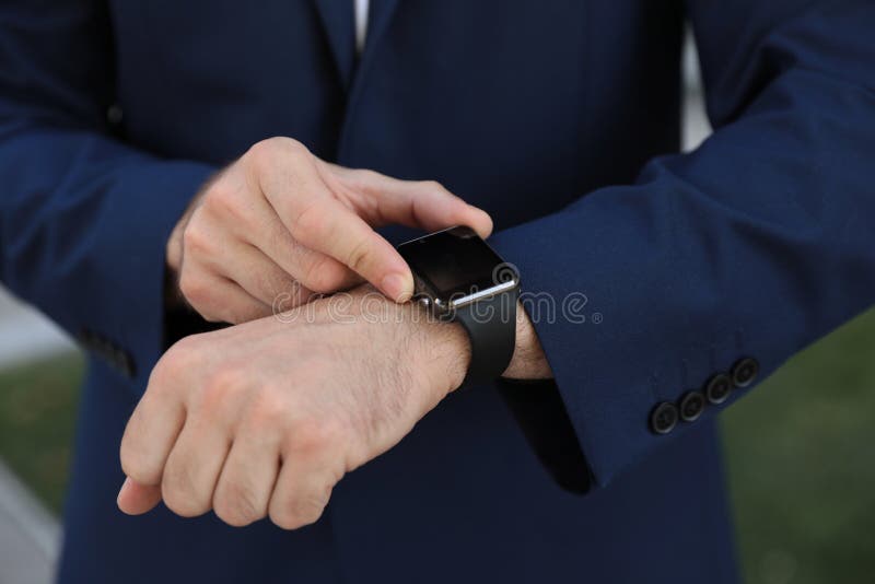 Man with Smart Watch Outdoors, Closeup View Stock Image - Image of ...