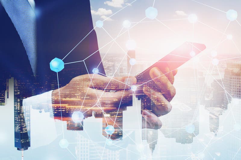 Man with Smartphone in City, Network Interface Stock Photo - Image of ...