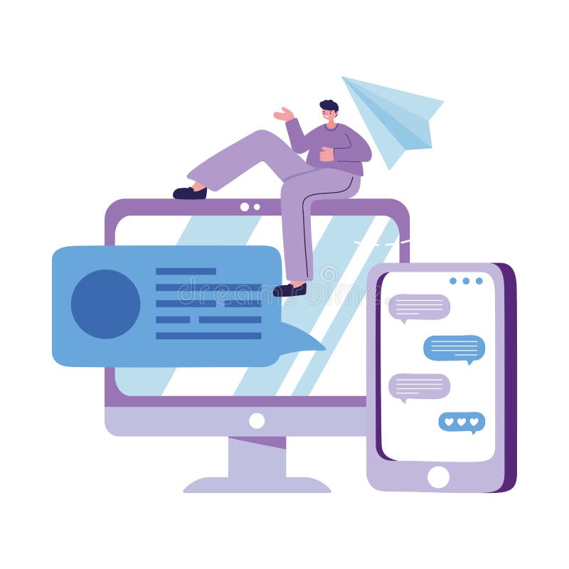 Man with Smartphone and Computer Chatting Vector Design Stock Vector ...