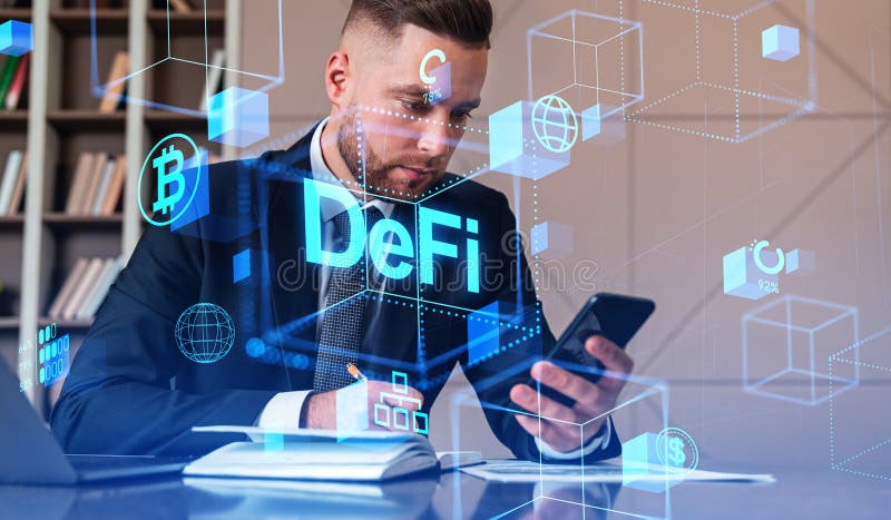 Man with Smartphone in Office, Decentralized Finance Interface Stock ...