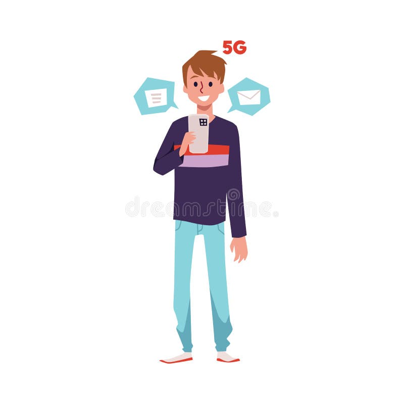 Man with Smartphone Using 5G Telecommunications Vector Illustration ...