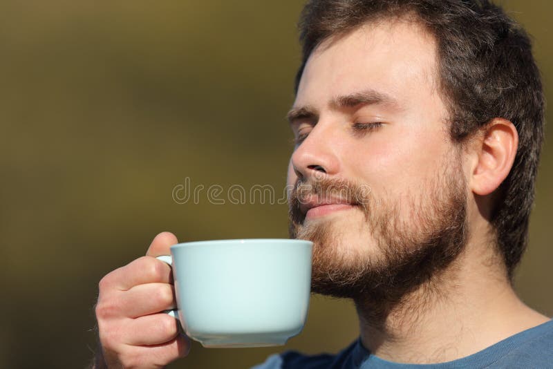 Man Smelling Coffee Aroma Outdoors Stock Image - Image of closeup ...