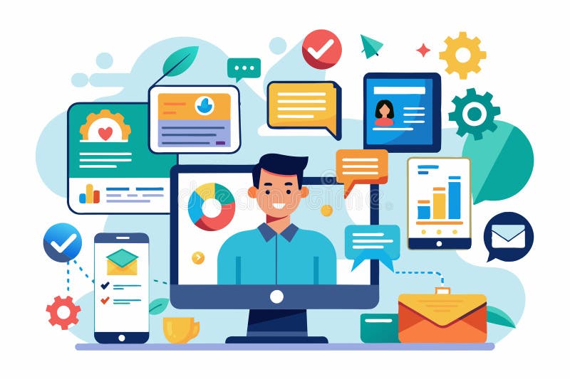 A Man Smiles As he Uses a Desktop Computer To Access Instant ...