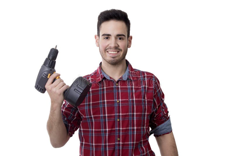 Man smiling with the drill stock image. Image of professional - 85807105