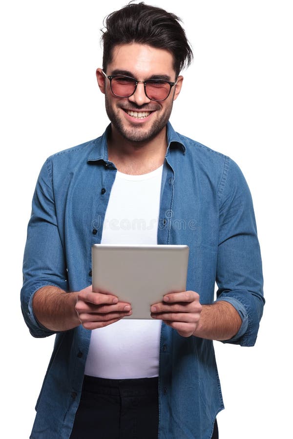Man Smiling while Holding a Computer Tablet Stock Image - Image of cool ...