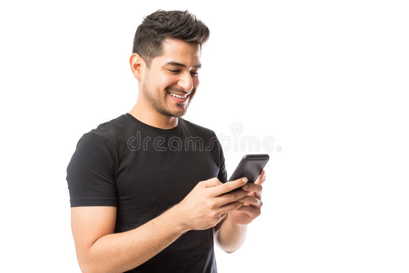 Man Smiling and Social Networking on Smartphone Over White Background ...