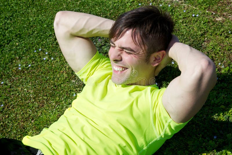 Man Smiling Tired of Doing Abdominal Stock Photo - Image of trainer ...