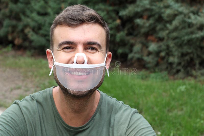 Man Smiling with Transparent Plastic Protective Mask Stock Photo ...