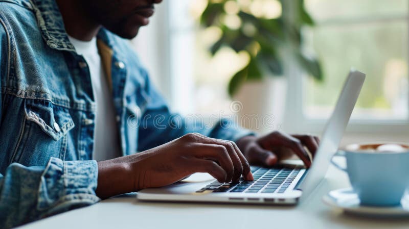 Man Smiling while Working on a Laptop in a Modern Office Environment ...