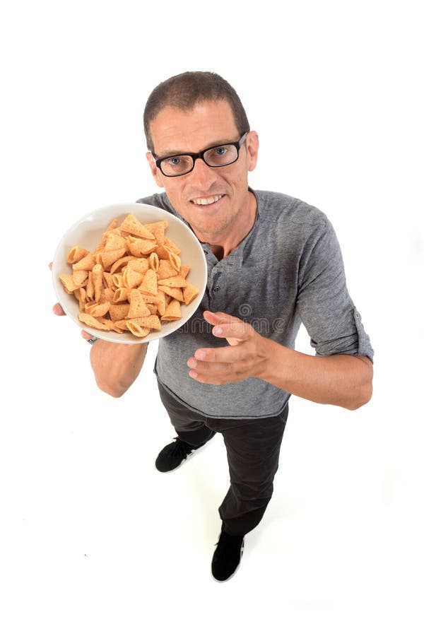 Man with Snacks on White Background Stock Photo - Image of casual ...