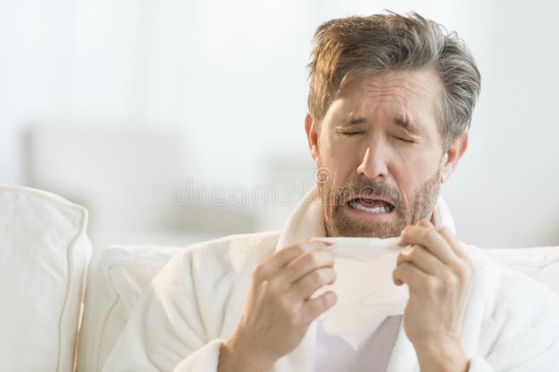 Man Sneezing into Tissue stock image. Image of house - 37011967