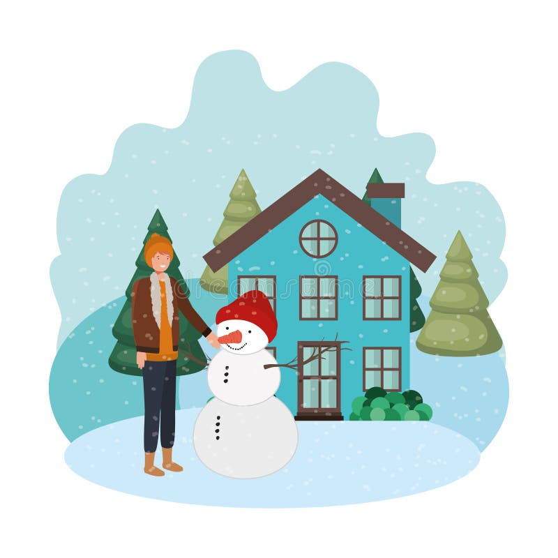 Man with Snowman and House in Winter Stock Vector - Illustration of ...