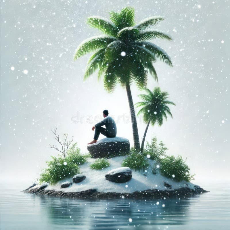 A Man on a Snowy Island Under Palm Trees. Stock Image - Image of cold ...