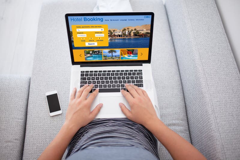 Man Typing Laptop Keyboard with Online Search Booking Hotel Screen ...