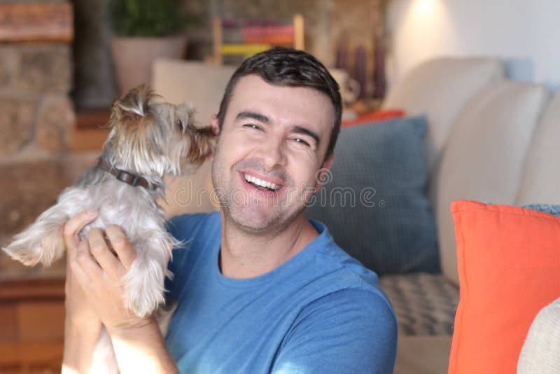 Man in sofa with small dog stock image. Image of adult - 197455077