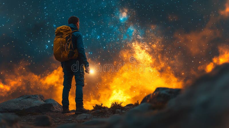 A Man with a Solar-powered Flashlight Standing on Rocky Terrain Under a ...