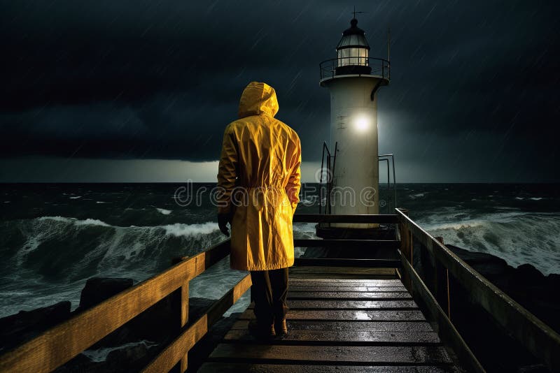 Man Solitude at the Lighthouse. Generative AI Stock Illustration ...