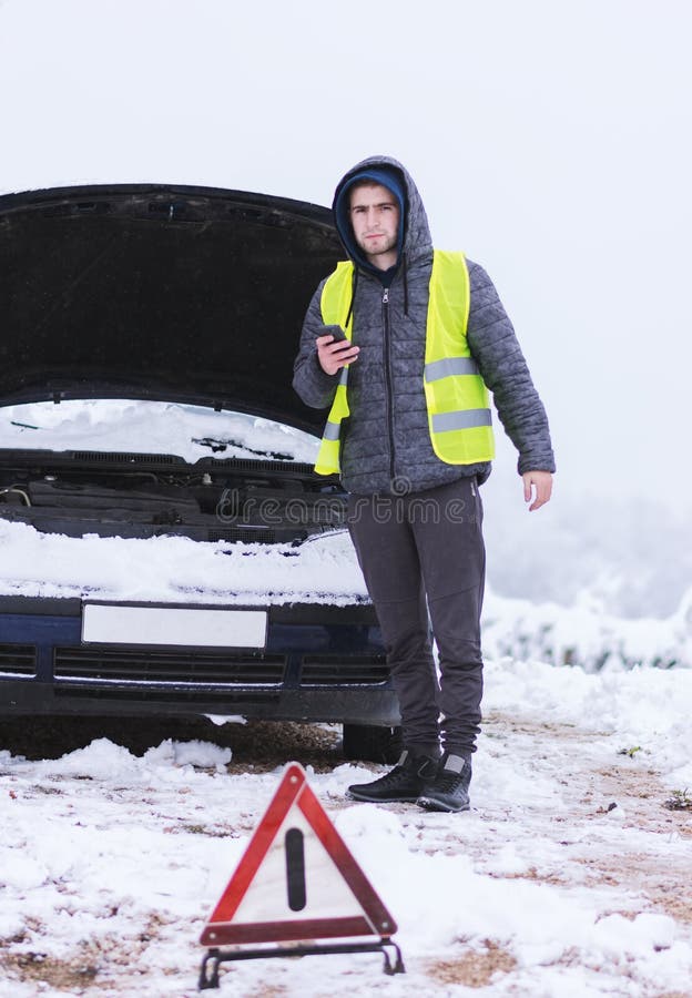 Man Solving Problem with Car, Waiting for Car Services. Stock Image ...