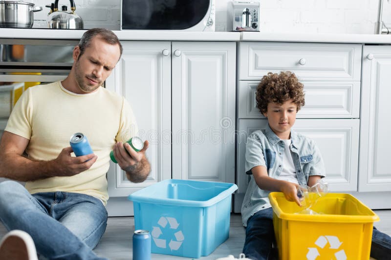 Man and Son Sorting Trash in Stock Image - Image of environment, boxes ...