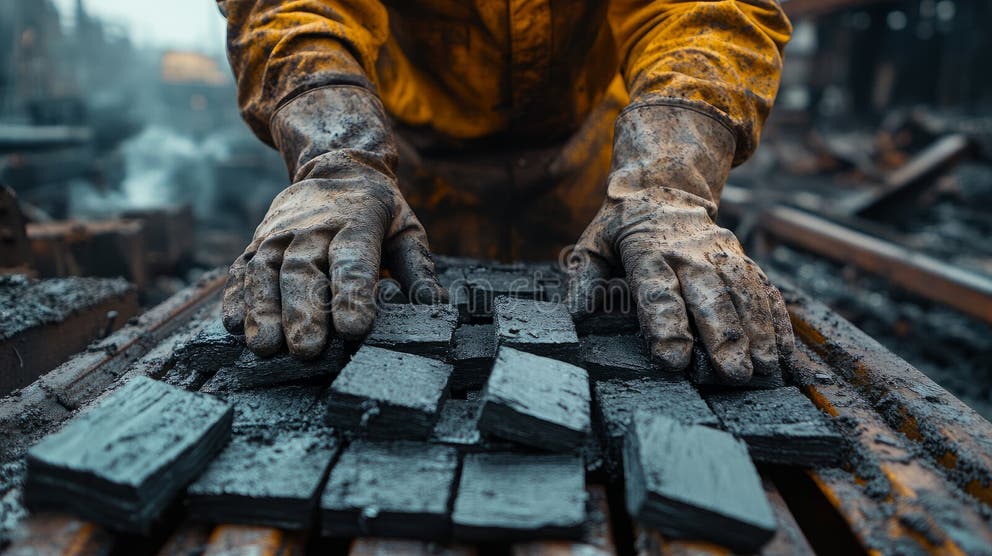 Man Sorting Coal Blocks in an Industrial Setting. Stock Photo - Image ...