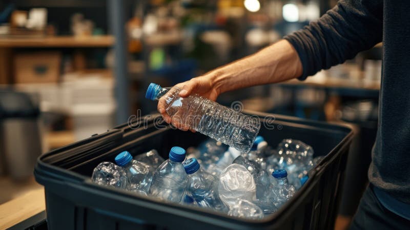 Man Sorting Plastic Water Bottles in Recycling Bin at Store Stock ...