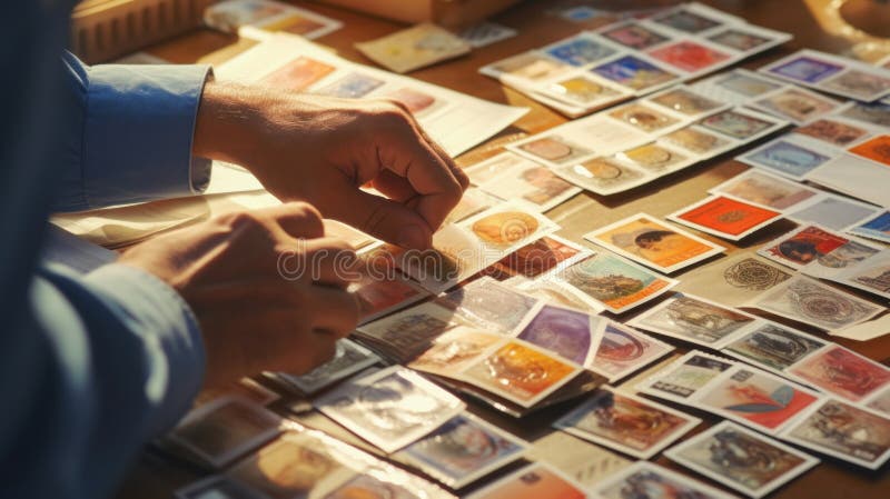 A Man is Sorting Stamps on a Table, AI Stock Illustration ...