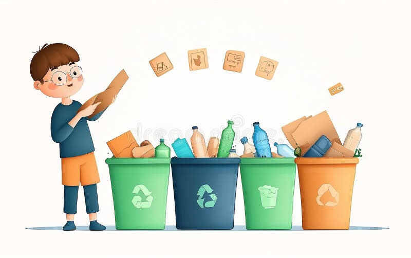 Man Sorting Waste in To Recycling Bins, Simple Flat Illustration Stock ...