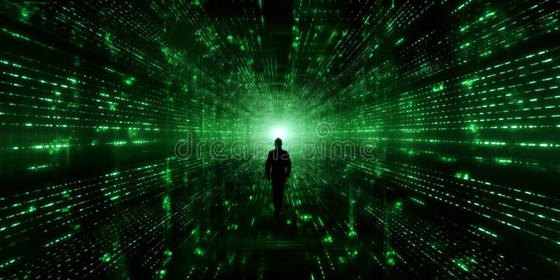 Man in the Space of the Matrix. Perspective of a Green 3D Abstract ...