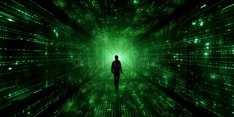 Man in the Space of the Matrix. Perspective of a Green 3D Abstract ...