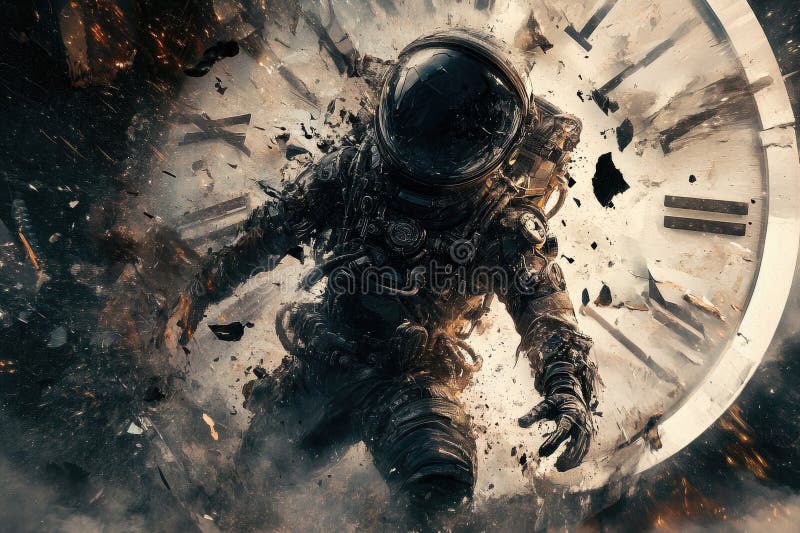 A Man in a Space Suit is Falling through the Sky, with a Clock in the ...