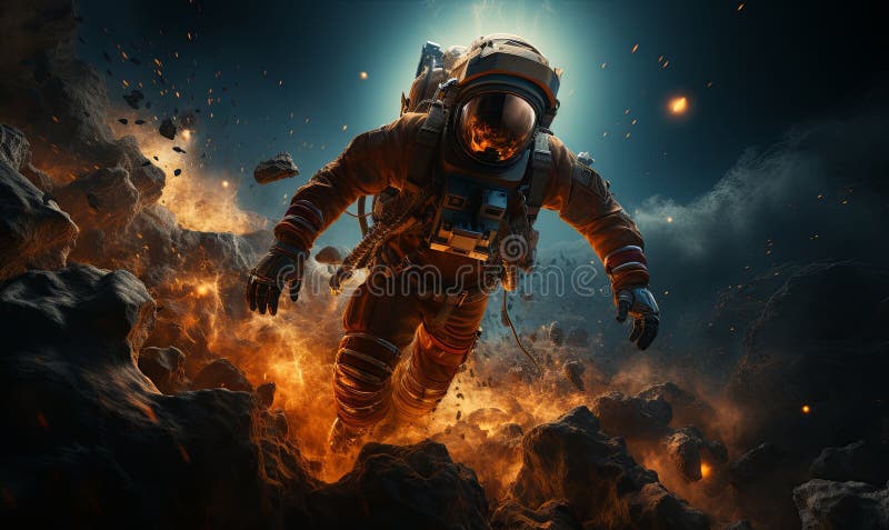 Astronaut in Space Suit Walking on Rocky Terrain Stock Illustration ...
