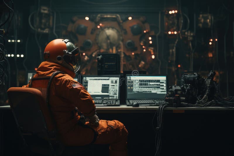 A Man in a Space Suit Sits in Front of a Laptop Computer, Engaged in ...