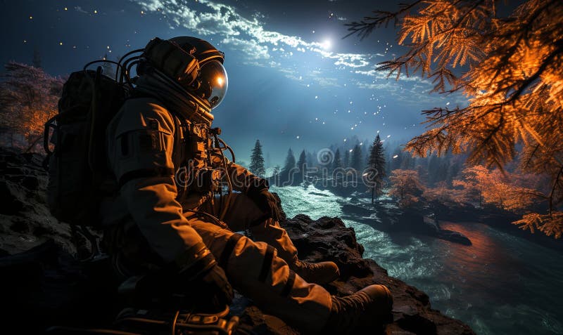 Astronaut Sitting on Cliff Edge Stock Image - Image of observing ...